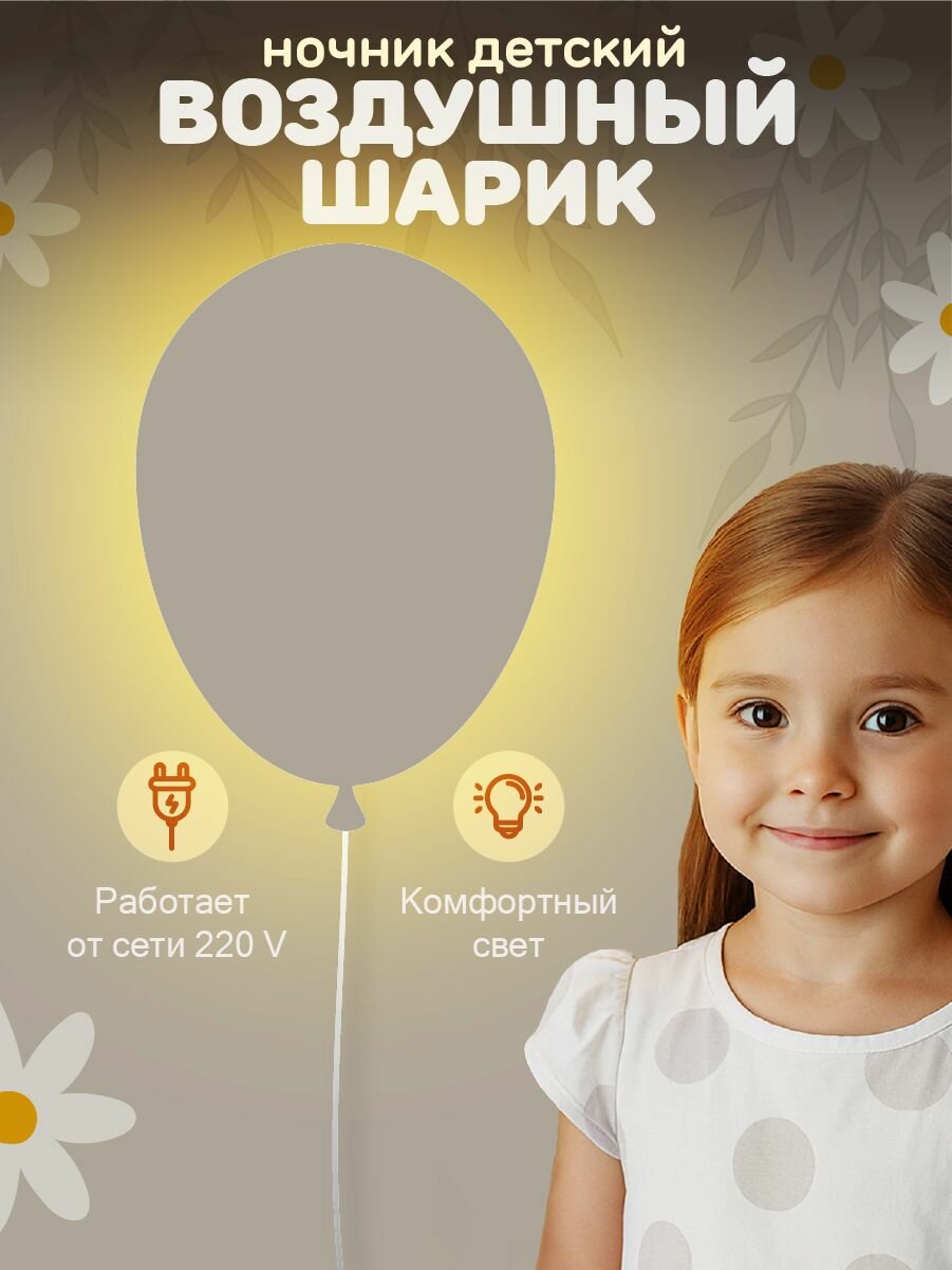 Ночник детский светильник для сна настенный воздушный шарик деревянный светодиодный 35х25 см, питание от сети