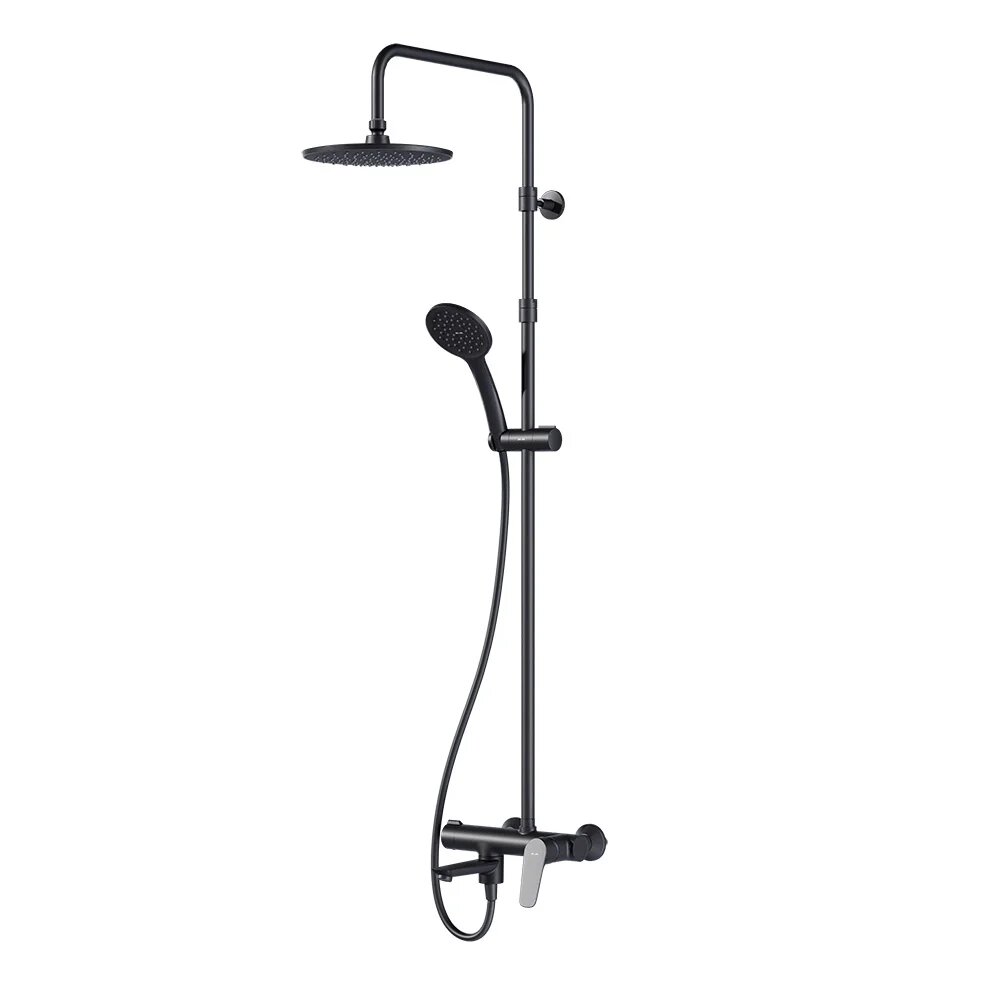 Душевая стойка AM.PM Crave F079C922 со смесителем, черная, матовая, с тропическим душем, с изливом, с лейкой, душевая система, латунная, нержавеющая сталь, рычаг сбоку