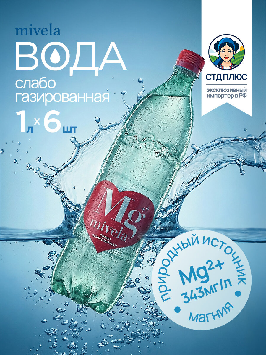 Минеральная вода Mg Mivela M++, слабогазированная, лечебная с магнием , по 1 л, 6 шт в упаковке от эксклюзивного импортера в РФ