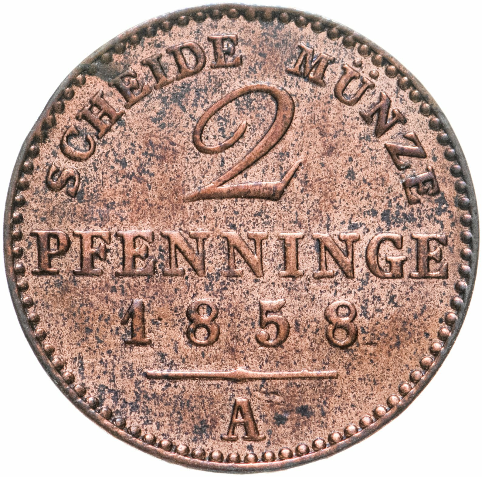 Германия, Пруссия 2 пфеннига 1858, Медь, в сохранности VF-XF
