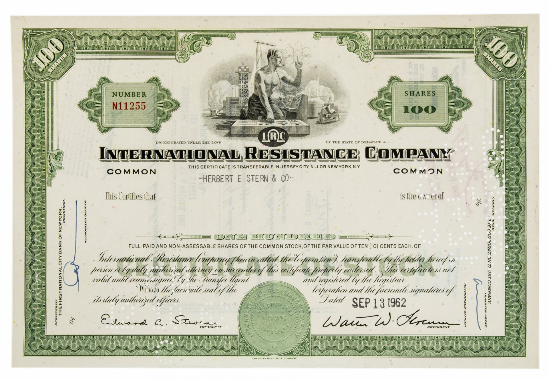 Акция США International Resistance Company, 1962 г