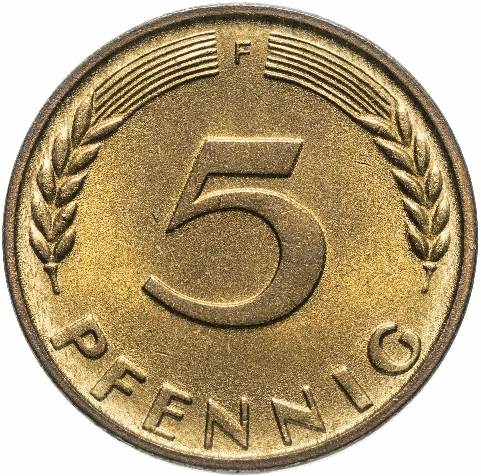 Германия 5 пфеннигов pfennig 1950, знак монетного двора: "F" - Штутгарт, Сталь, плакированная латунью, в сохранности AU-UNC