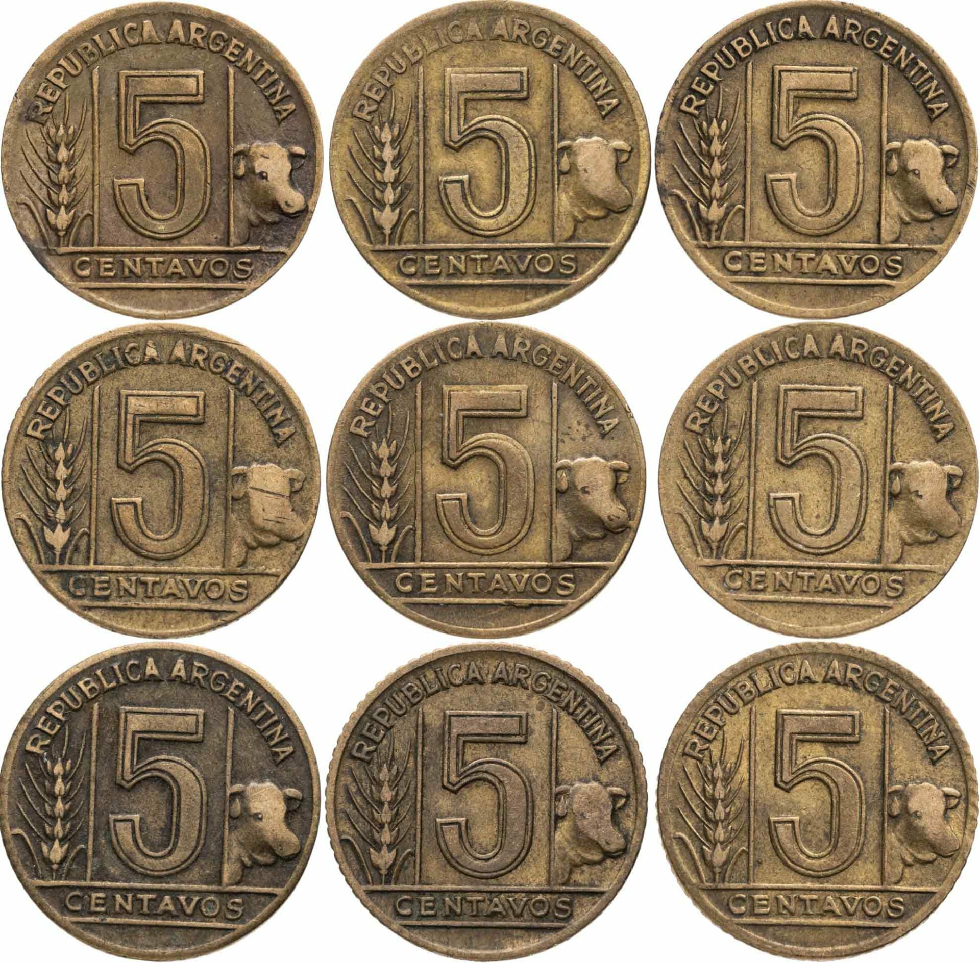 Аргентина полный набор 5 сентаво 1942-1950 годов 9 шт , Бронза, в сохранности VF-XF
