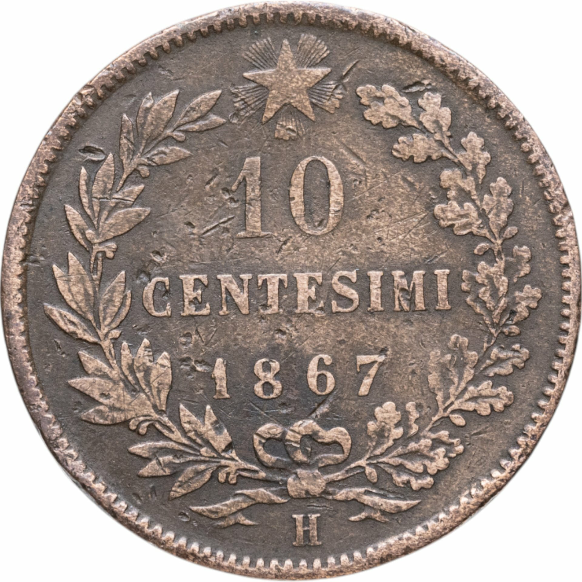 Италия 10 чентезимо centesimi 1867 H знак монетного двора "H" - Хитон, Бирмингем, Медь, в сохранности VF