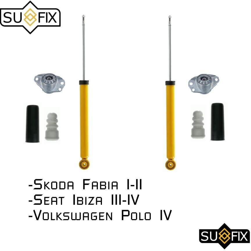 Задние амортизаторы с пыльниками, отбойниками и опорами Sufix для Skoda Fabia I-II, Seat Ibiza III-IV, Volkswagen POLO IV
