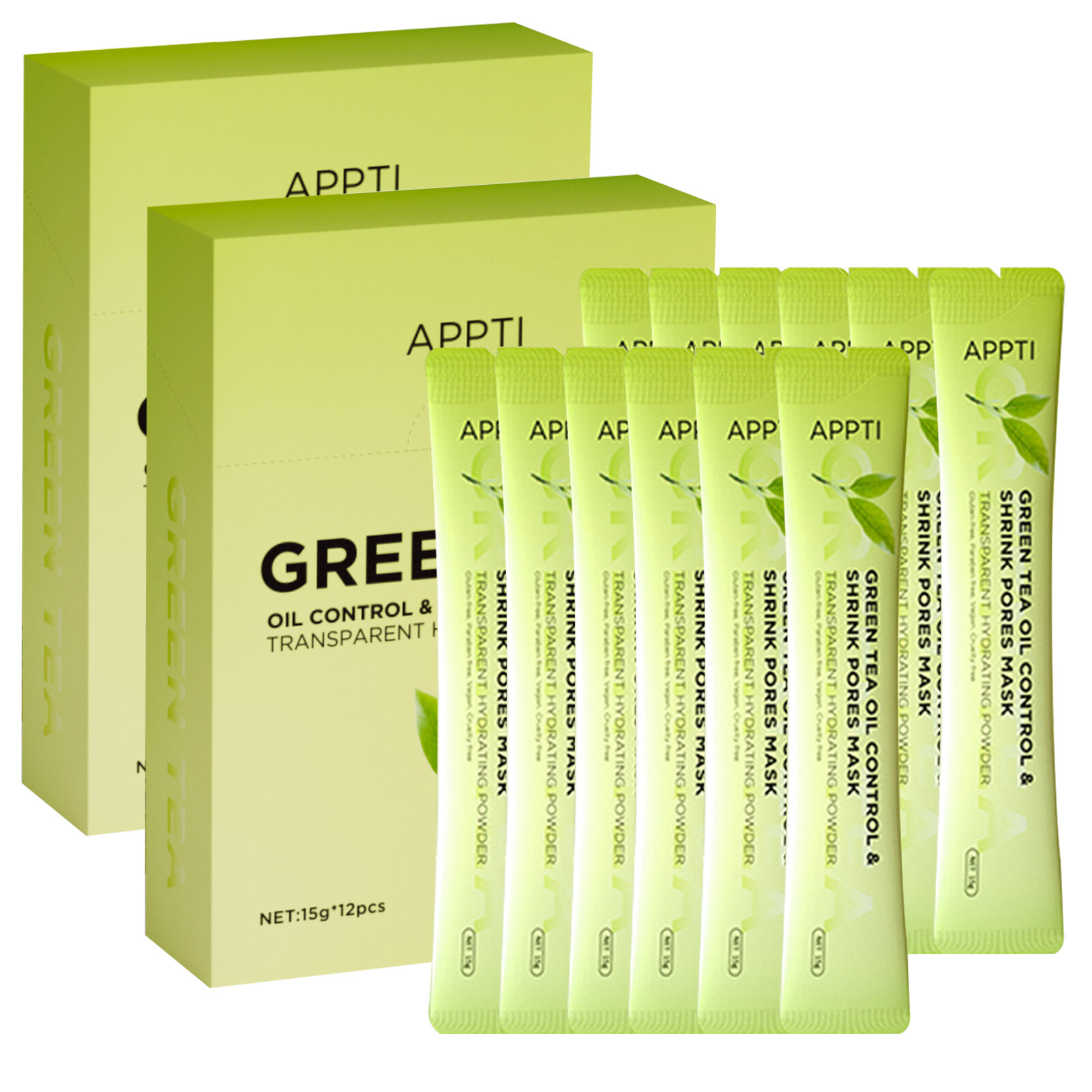 15g x 12Pcs Green Tea Oil Control Shrink Pores Mask Powder Transparent Hydrating Powder Crystal Soft Film Powder