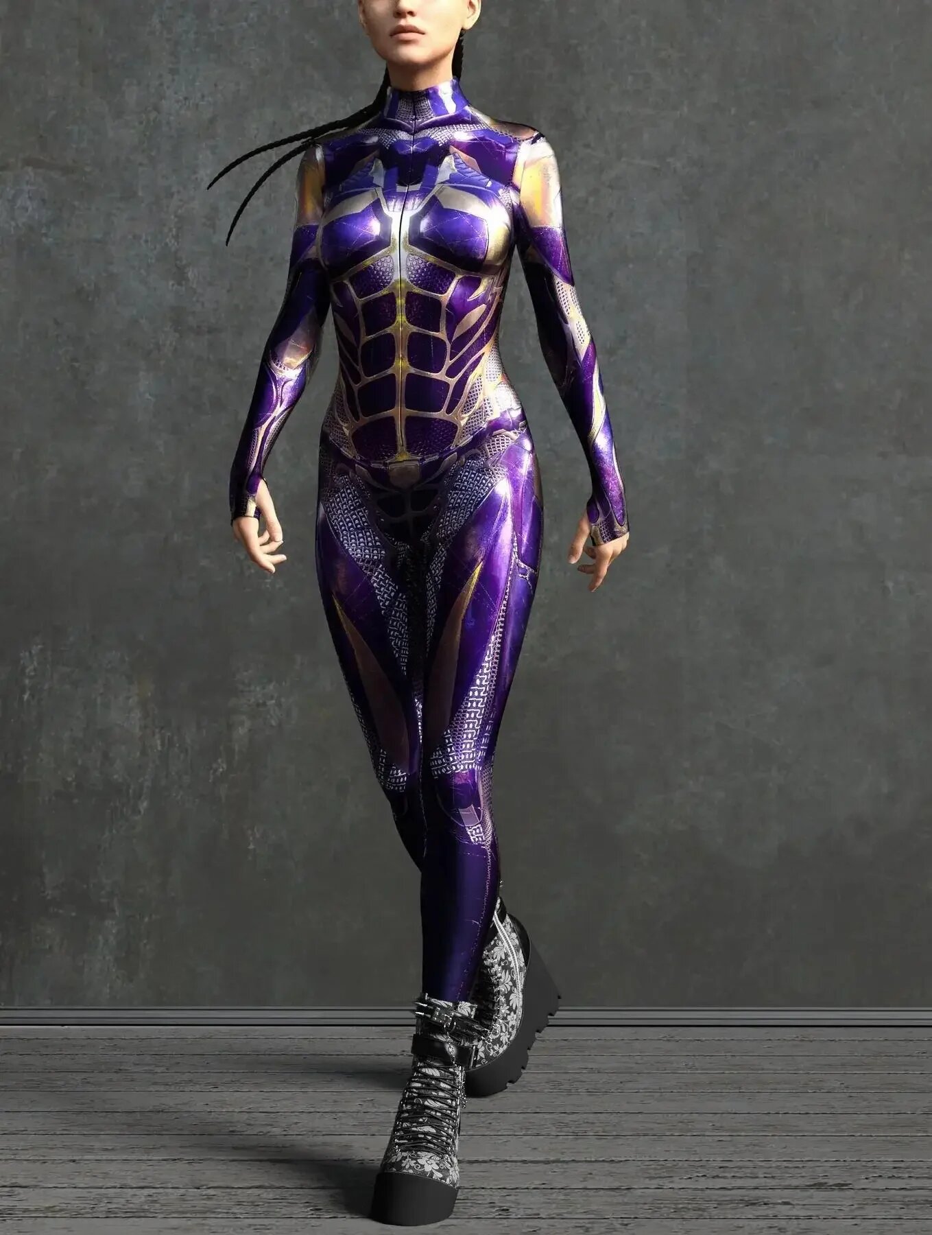 Женский механический панк-костюм 3D-печать Фиолетовый, L, Jumpsuit 06