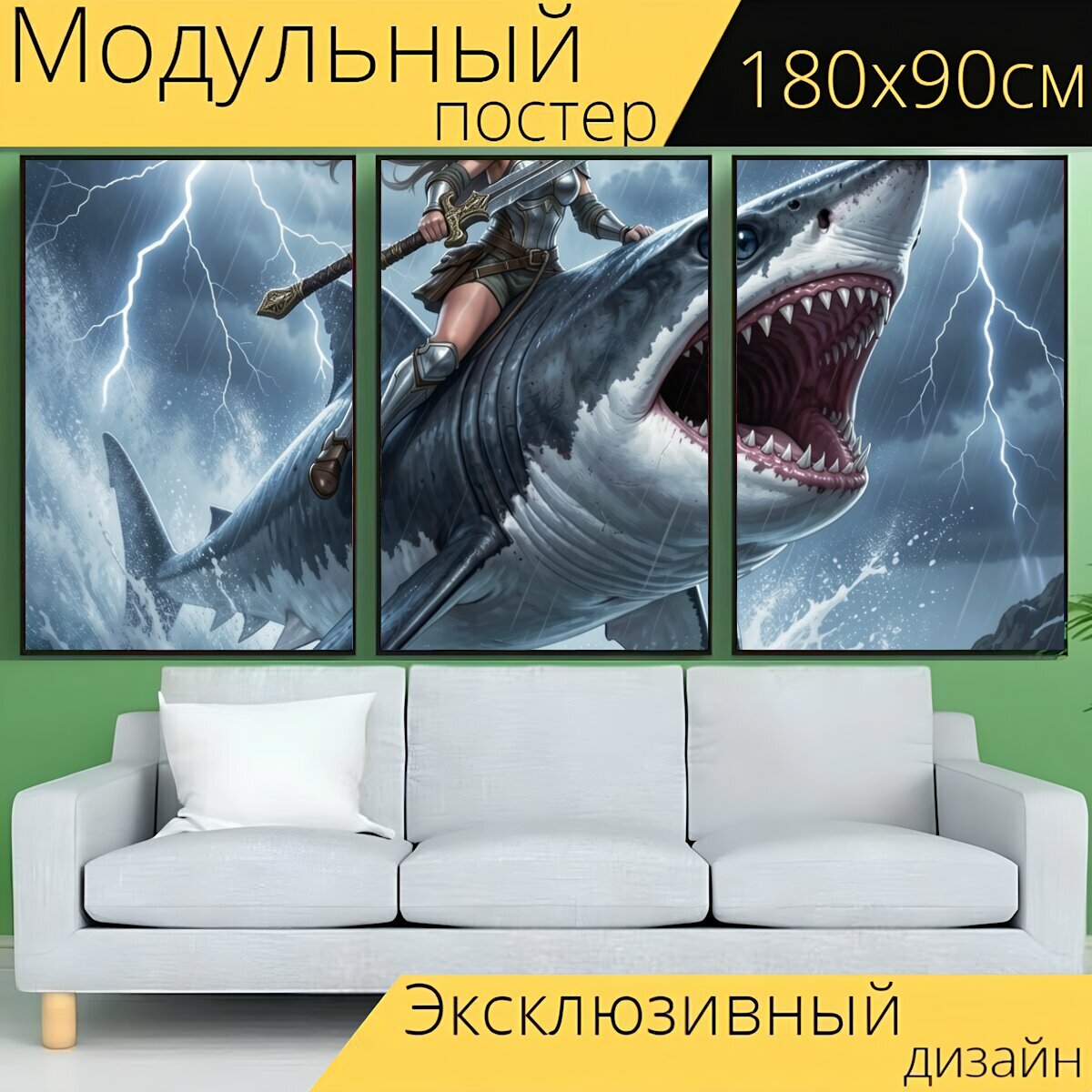 Модульный постер "Воительница на гигантской акуле. Фэнтезийная сцена морской битвы: храбрая девушка-воин мчится верхом на огромной." 180 x 90 см. для интерьера на стену в тубусе