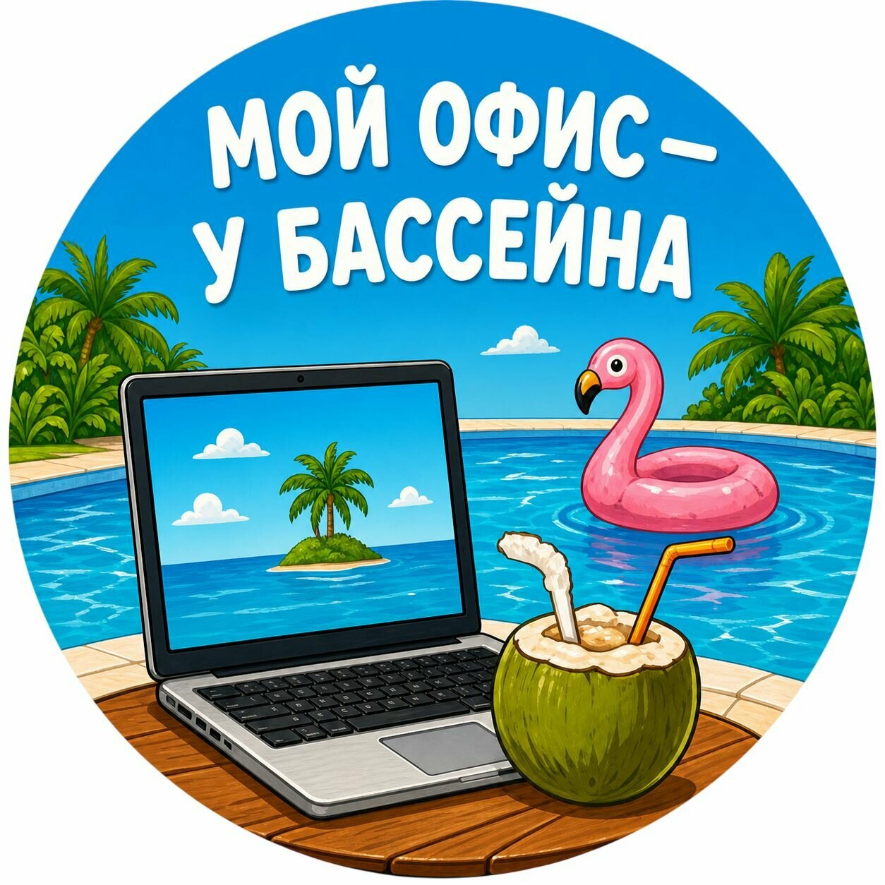 Значок круглый 37мм "Мой офис - у бассейна"