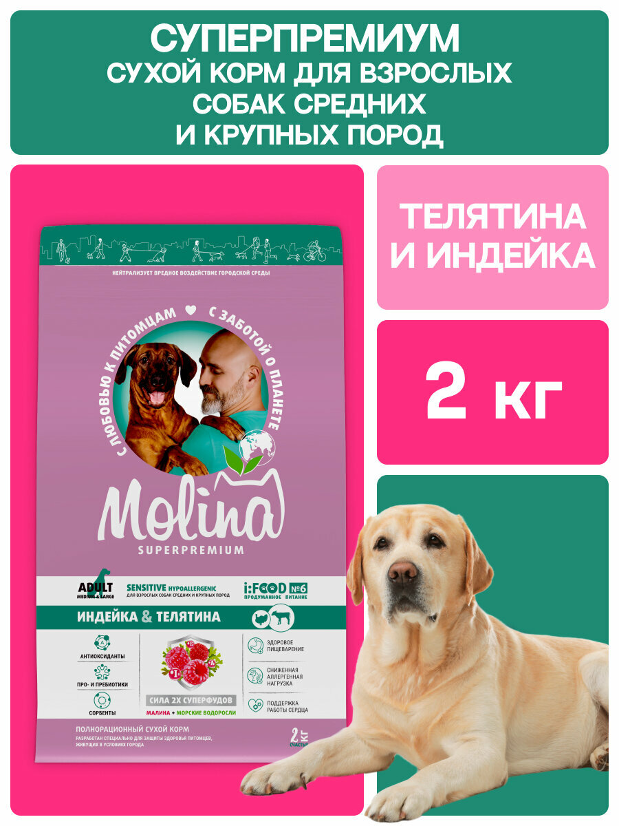Сухой корм для собак средних и крупных пород с индейкой и телятиной, SENSITIVE, 2 кг MOLINA