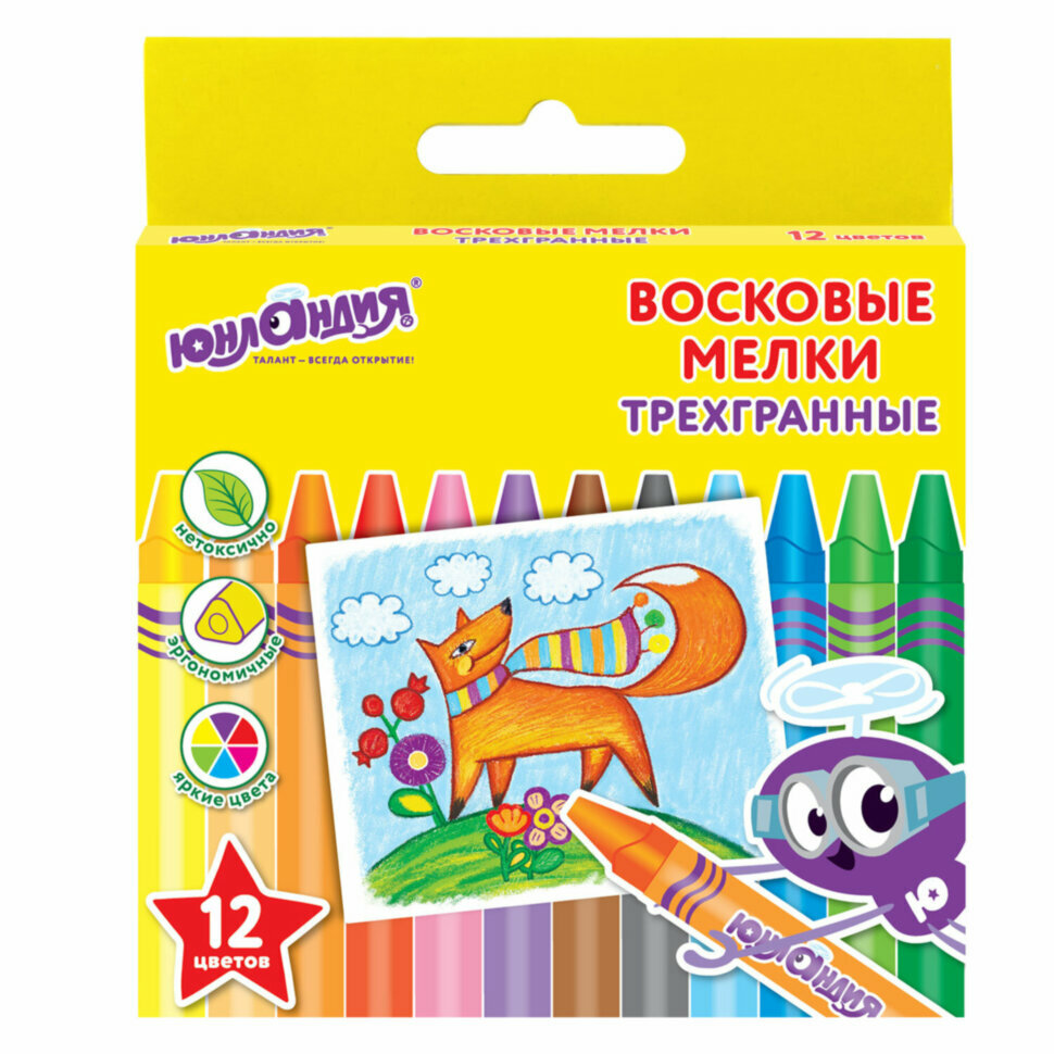 Восковые мелки трехгранные юнландия "юнландик И мудрый ЛИС", набор 12 цветов, 227289, 227289