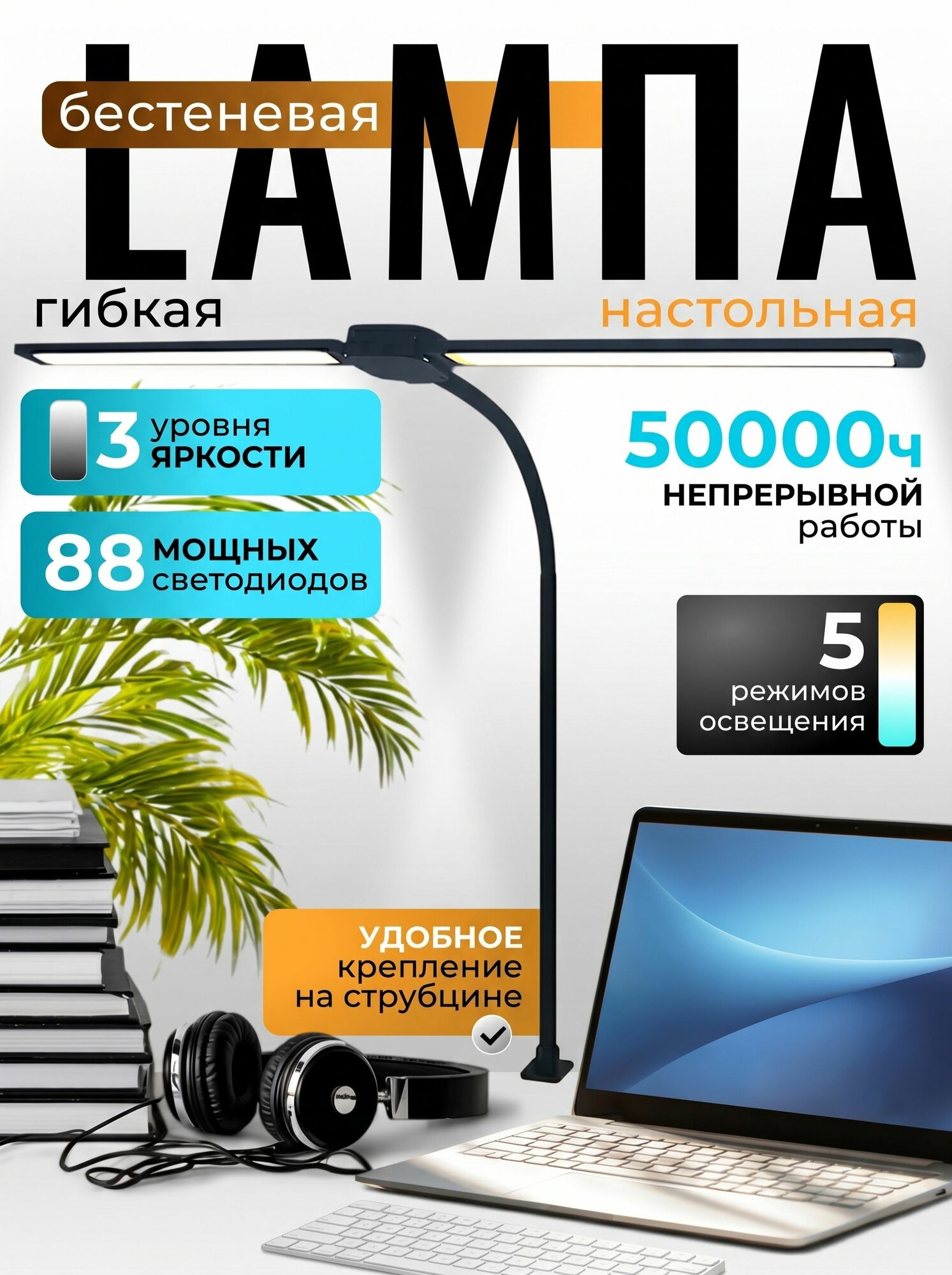 Лампа настольная бестеневая светодиодная на струбцине / Лампа для монитора, светодиодная настольная бестеневая