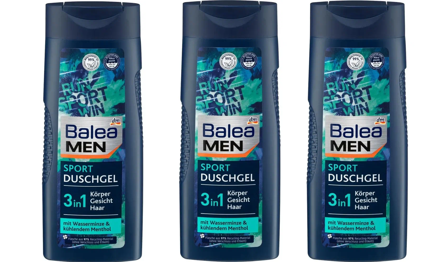 Гель для душа Balea 3 в 1 Men Sport Duschgel, мята и ментол, 300 мл, 3 шт