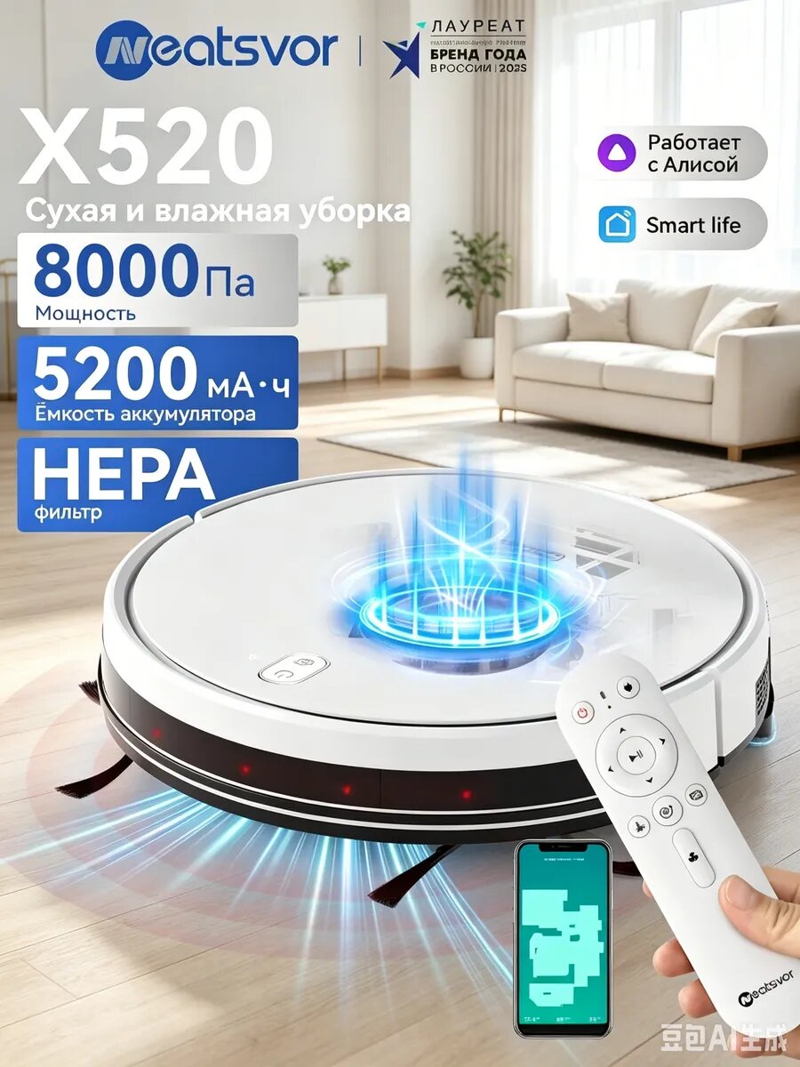 Робот-пылесос X520 8000 Па, с Алисой, сухая и влажная