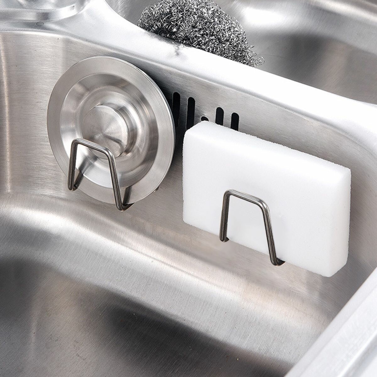 Держатель для губки в раковину самоклеющийся, крючки самоклеющиеся для кухни из нержавеющей стали серебристые 2 штуки, крючок в ванную настенный
