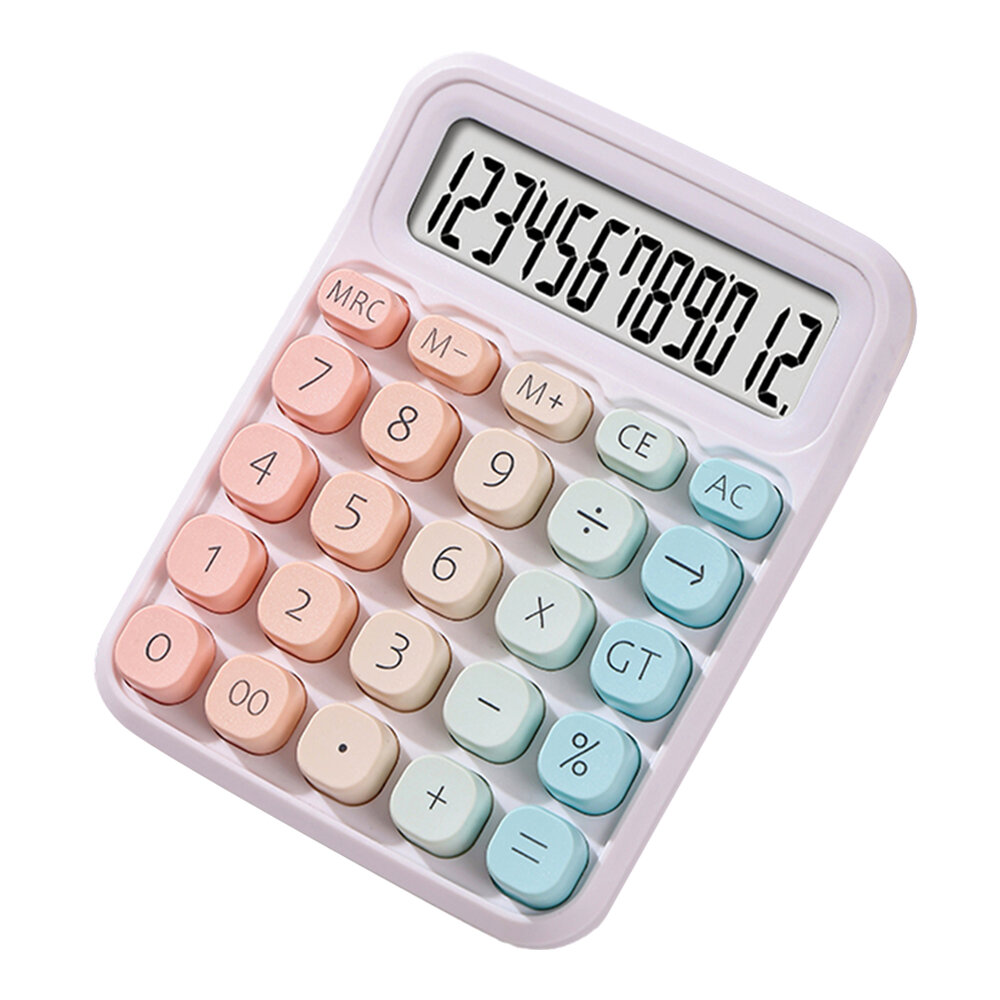 Калькулятор 12-значный с большим ЖК-дисплеем, большими круглыми кнопками, градиентными конфетными цветами (градиентная зелень, градиентный оранжевый, градиентный многоцветный, градиентный синий, градиентный красный, градиентный фиолетовый), двойным