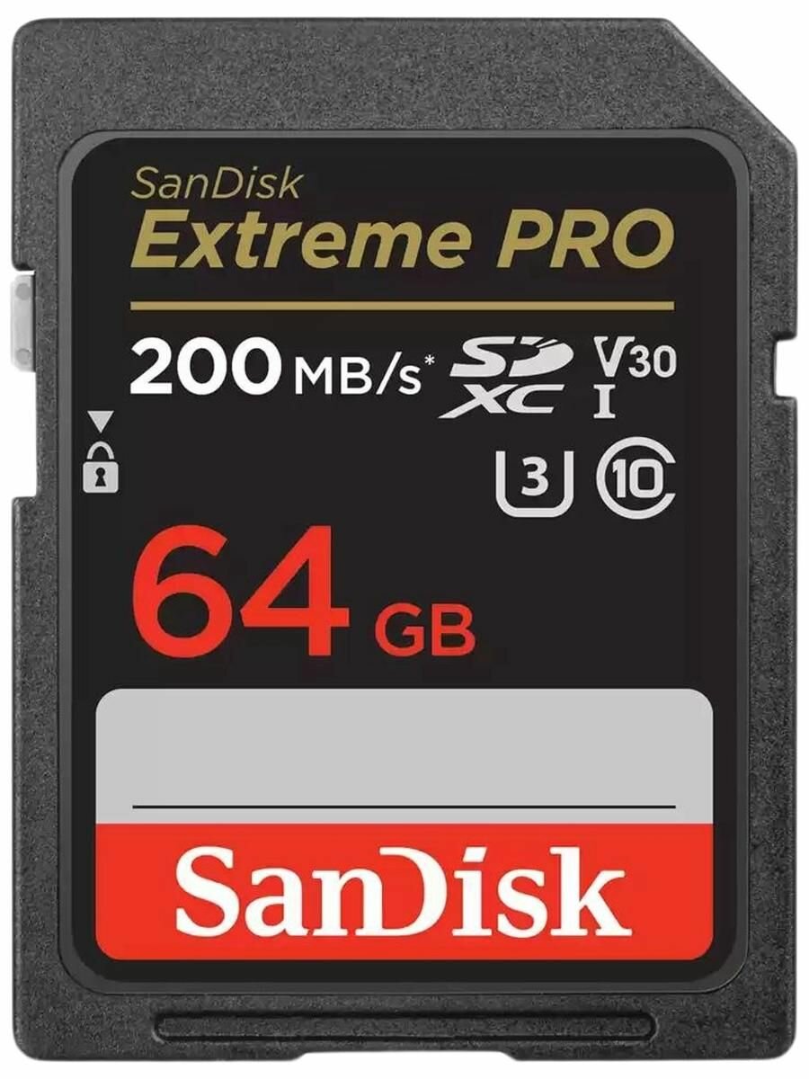 SanDisk 64 Гб Карта памяти SDXC Extreme Pro (SDSDXXU-064G-GN4IN) Class 10 U3 V30 UHS-I, запись до 140 МБ/с, чтение до 200 Мб/с, с адаптером, для 4K-видео, экшн-камер и дронов