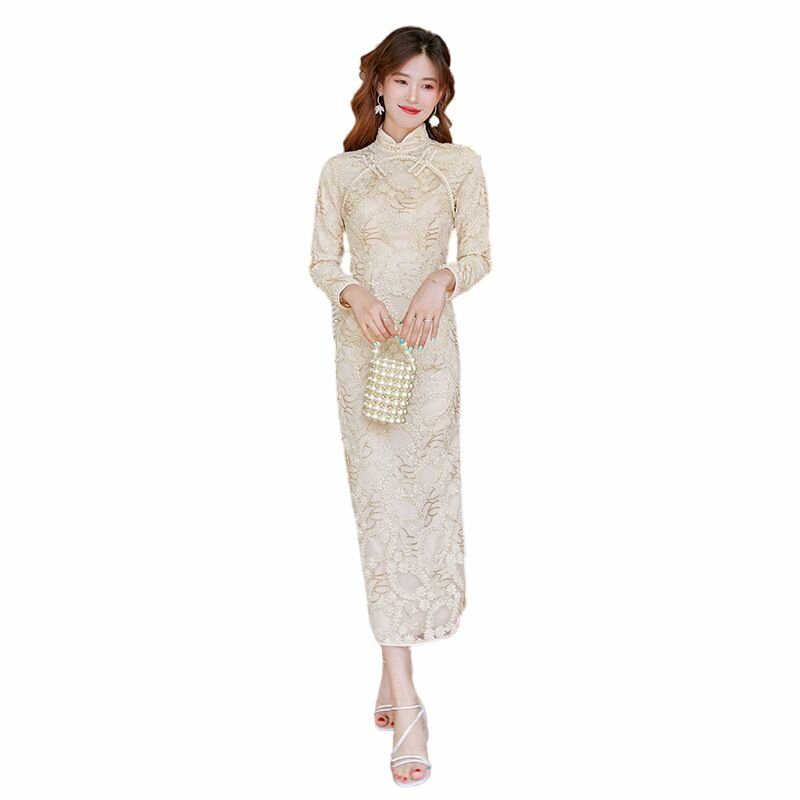 Высококачественный банкетный чонсам в китайском стиле, улучшенное изысканное кружевное тонкое старинное костюмное платье