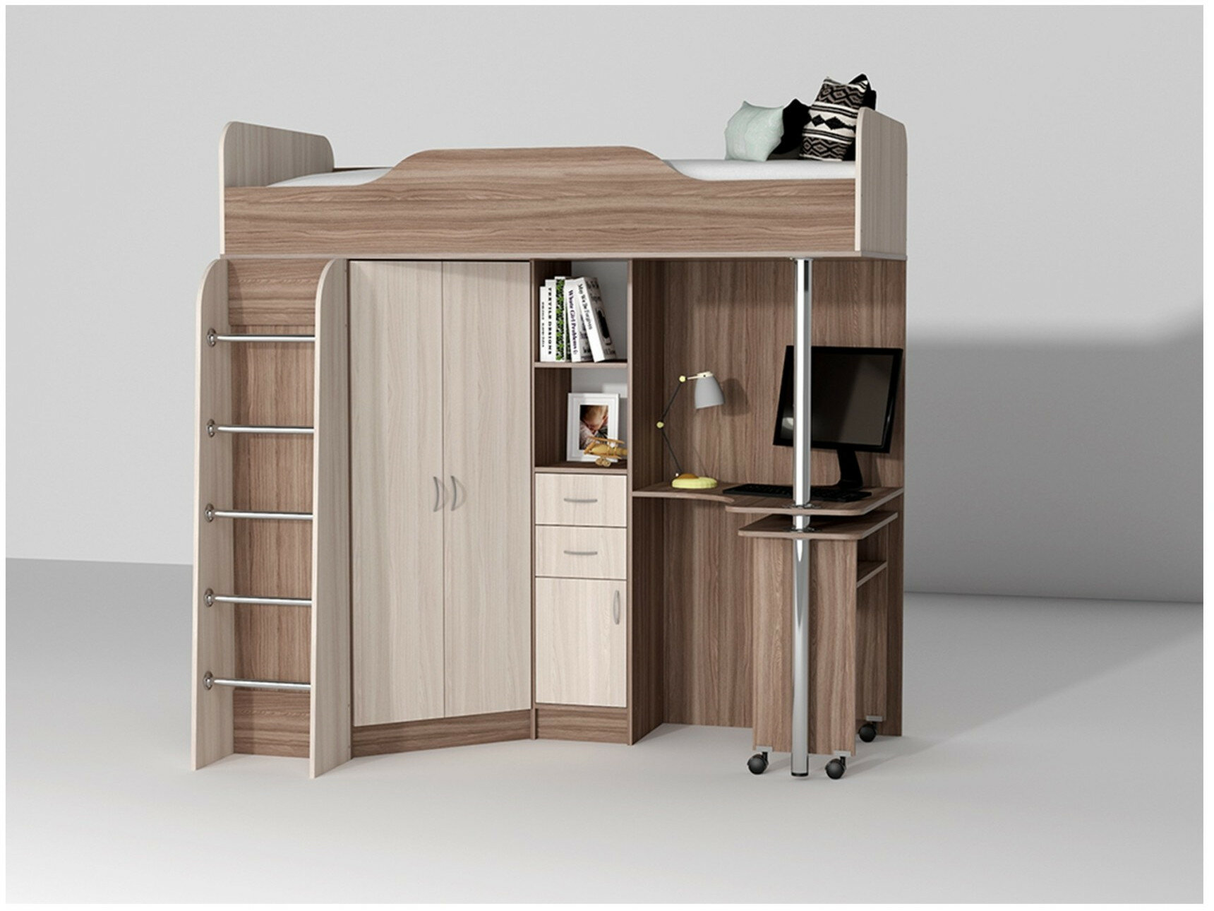 Кровать-чердак 80х190, без матраса, (Ясень шимо темный / светлый)