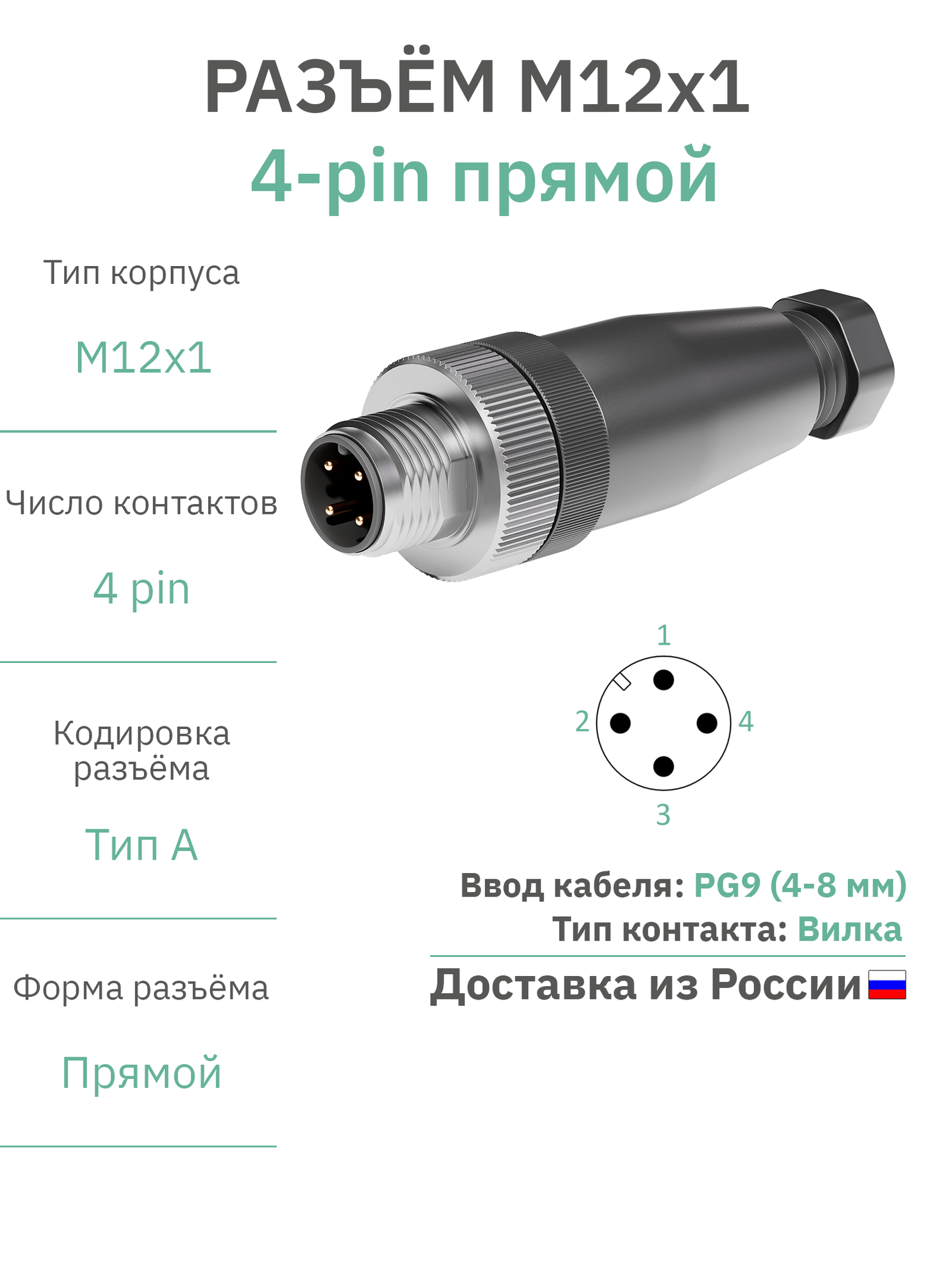 Разъём М12 4 pin прямой / вилка (папа) / PG9 (4-8 мм диамет под кабель) / модель RAZM-M12-C4-PG9