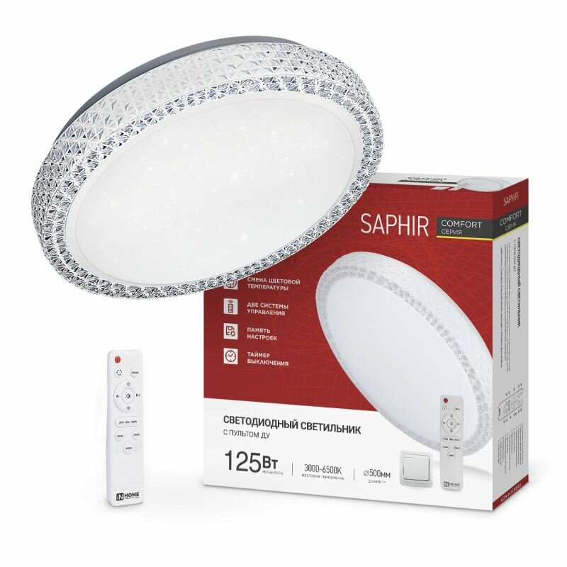 Светильник светодиодный COMFORT SAPHIR 125Вт 230В 3000-6500K 10000Лм 500x115мм с пультом ДУ IN HOME