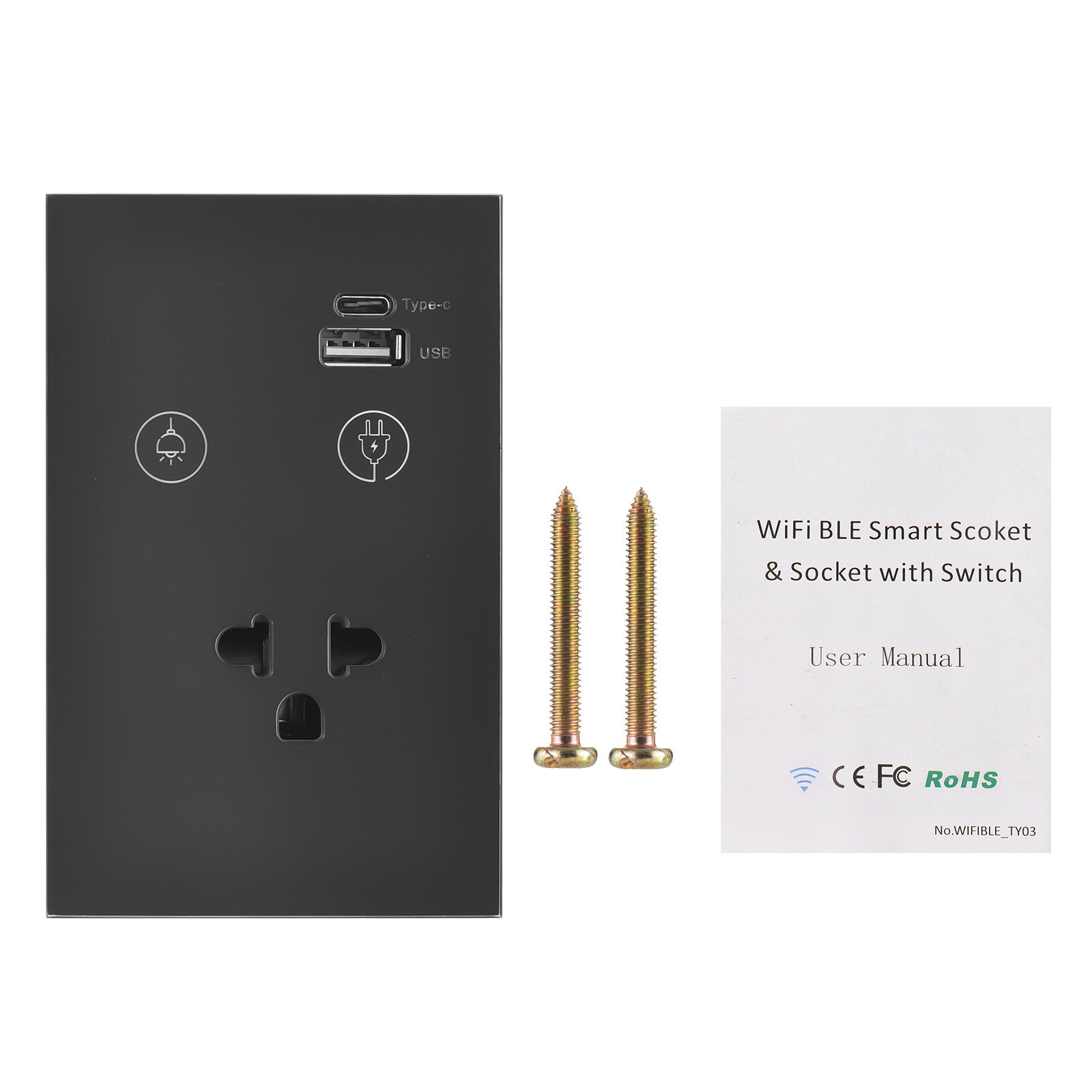 Сенсорный настенный выключатель света с Wi-Fi 2,4 ГГц, разъемом USB Type-C, требуется нейтральный провод, одностороннее управление, панель из закаленного стекла, таймер, голосовое управление через приложение, устройство умного дома.