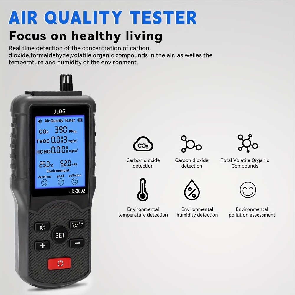 Монитор качества воздуха, тестер качества воздуха для дома, портативный детектор углекислого газа (CO2), формальдегида (HCHO), тестовый комплект с цифровым датчиком температуры и влажности, тестирование CO2, HCHO, TVOC для автомобиля и на улице.