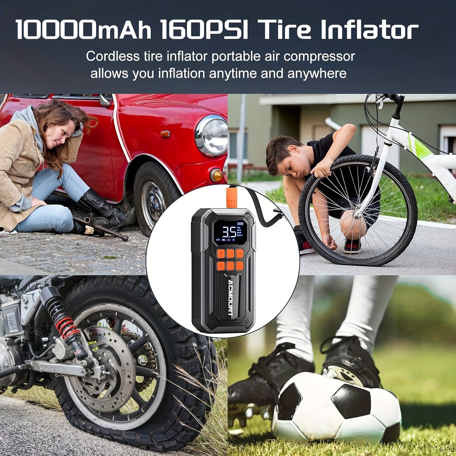 Портативный насос для шин 10000 мАч, воздушный компрессор 160 PSI, насос для накачки шин, в 3 раза быстрее, с 5 режимами, аварийный аккумулятор и 3 LED-фонаря, беспроводной насос с большими цилиндрами