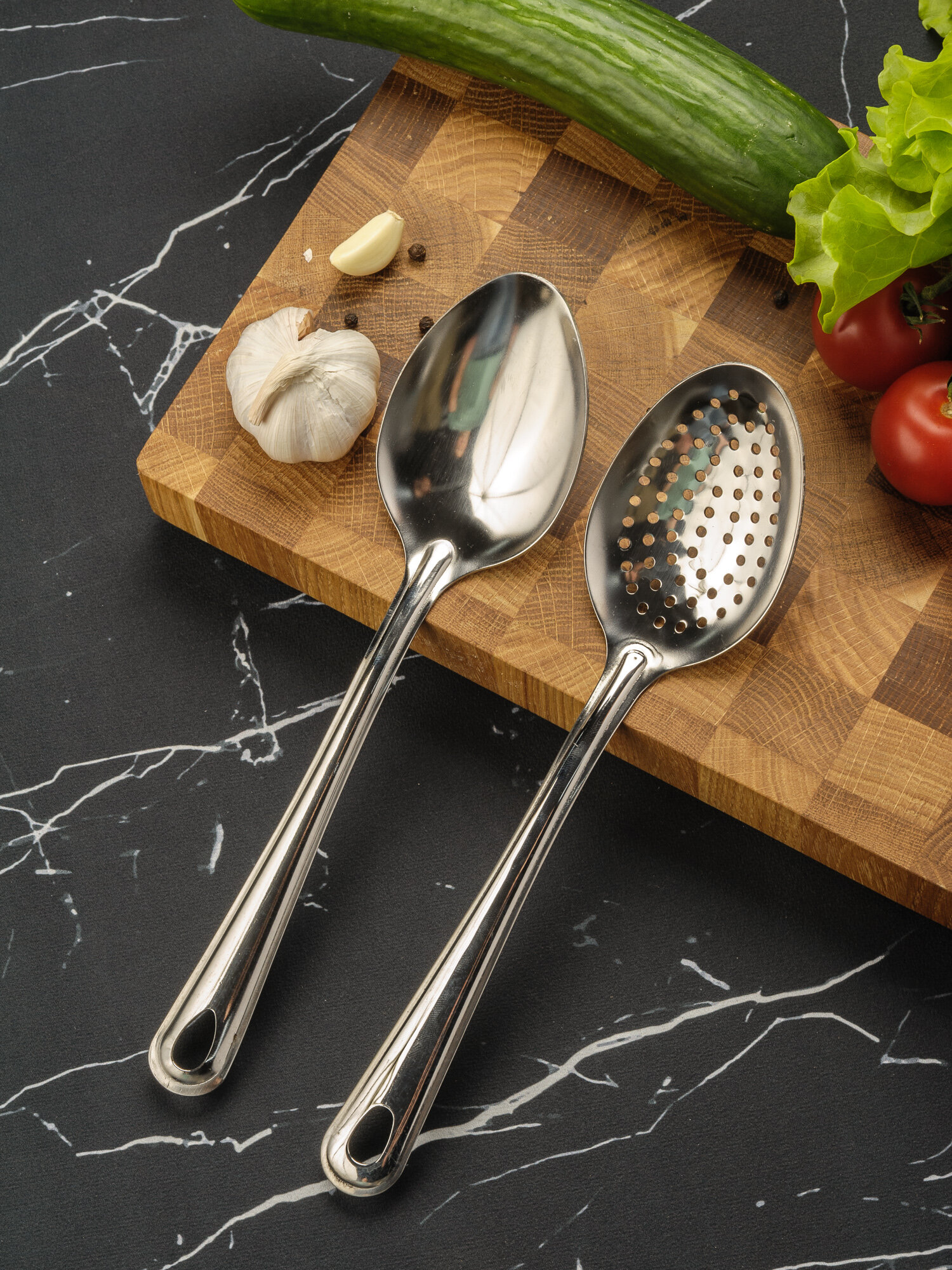 Кухонный набор, ложка шумовка и ложка кулинарная, 26 см, 2 шт. / Шумовка и ложка поварская и из нержавеющей стали