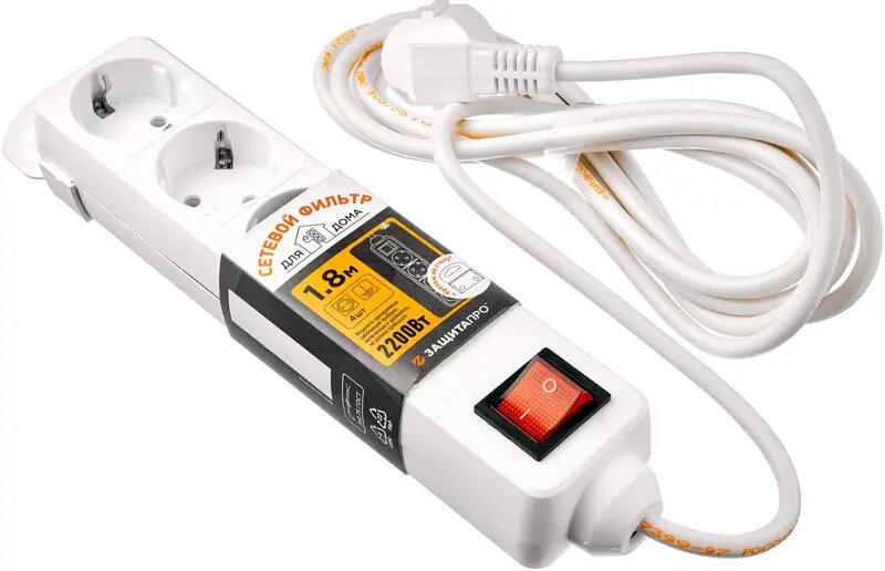 Сетевой фильтр Защита Про 4 розетки с заземлением 3x0.75 мм 1.8 м 2200 Вт цвет белый