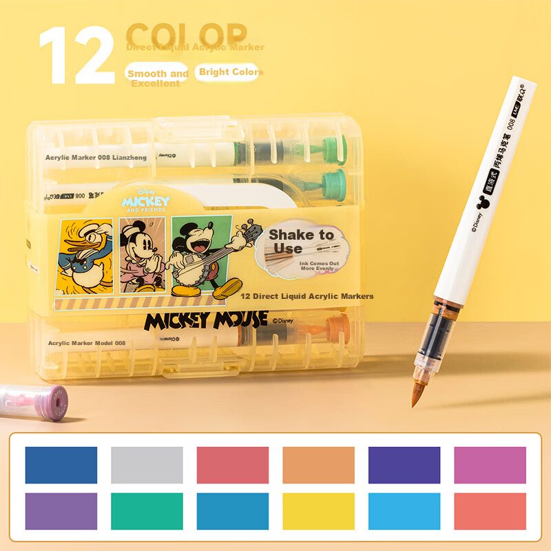 Disney 12 Colors Acrylic Marker Pen for Children's Graffiti Painting, Quick-drying Cartoon Waterproof Paint Pen for Elementary School Students, Mickey A60117-M1