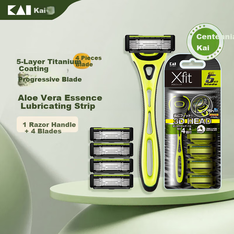 KAI Manual Shaving Razor, 5-Layer Titanium Coated Blade Xfit Series with 1 Razor Handle and 4 Replacement Blade Heads