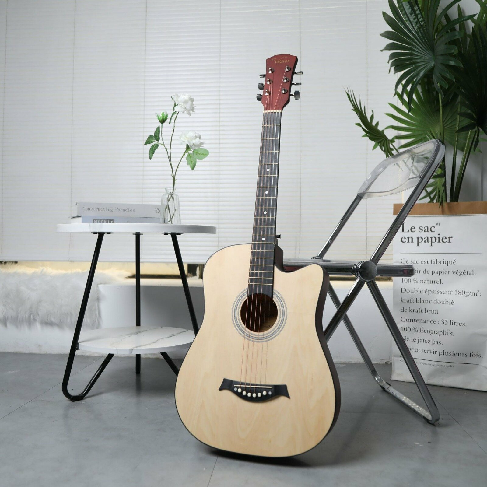 Акустическая гитара e-bash + чехол + ремень + 5 медиаторов. (38 дюймов) бежевая