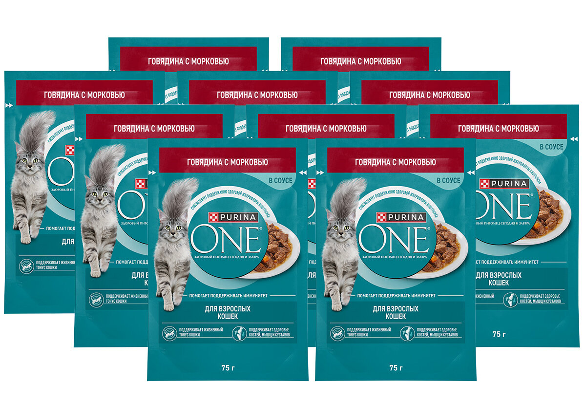 Корм влажный Purina One для взрослых кошек, говядина и морковь в соусе, 75 гр х 10 шт
