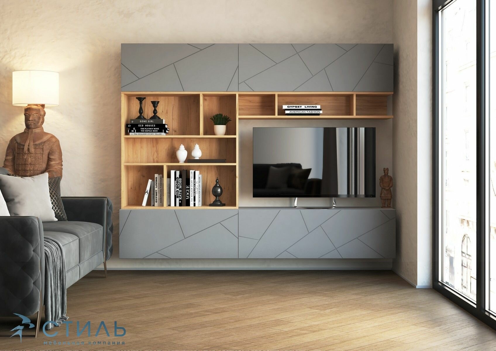 Комплект гостиной Гранж 2 ЛДСП Дуб крафт золотой/Серый шифер/Графит софт (Стиль)