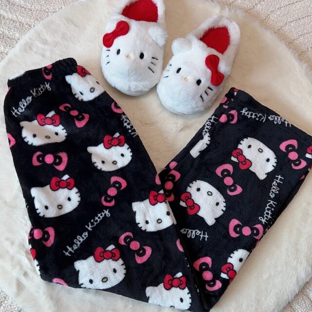 Пижамные штаны Sanrio Hello Kitty, черные, розовые, фланелевые, с рисунком аниме, женские, теплые, шерстяные, белые, повседневные, домашние, осенние, для девочек, Size, M 37-47kg