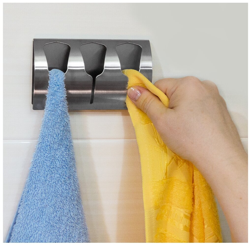 Вешалка Tatkraft "Bell", нержавеющая сталь, для 3-х полотенец, самоклеящаяся, серебристая