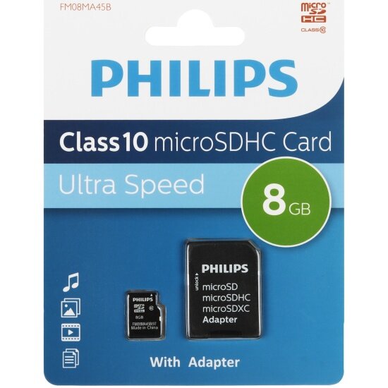 Карта памяти Philips microSDHC 8Gb Class 10 + ADP (FM08MA45B/97)