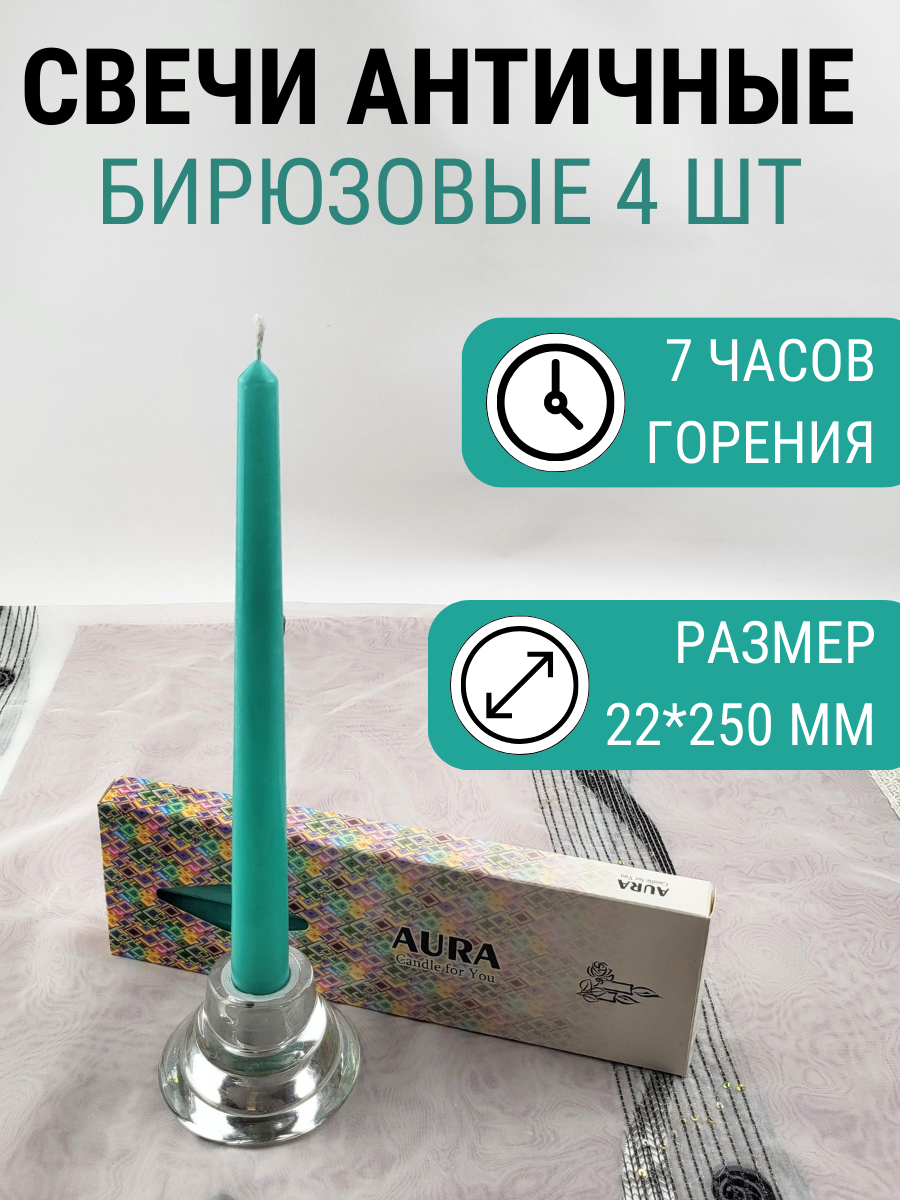 Свеча Античная 22х250 мм, бирюзовая, время горения: до 7 часов, 4 шт.