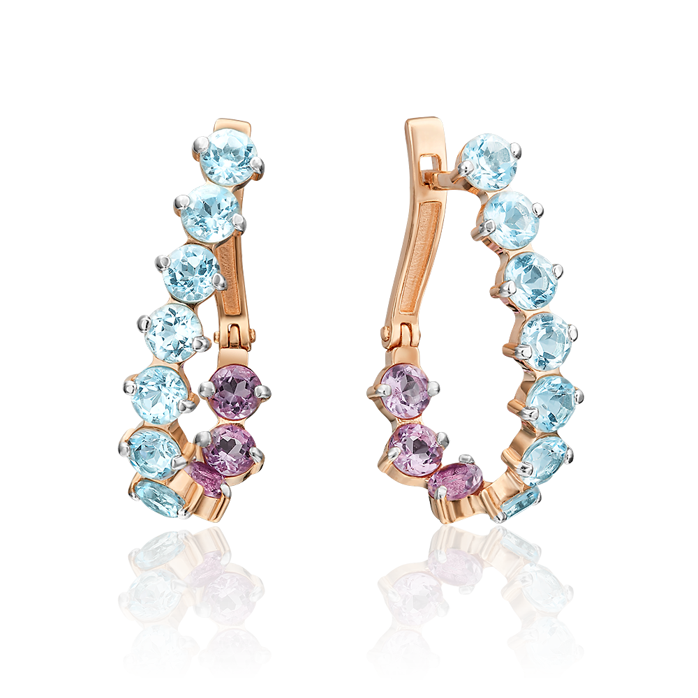 Серьги, красное золото, 585 проба, аметист, топаз