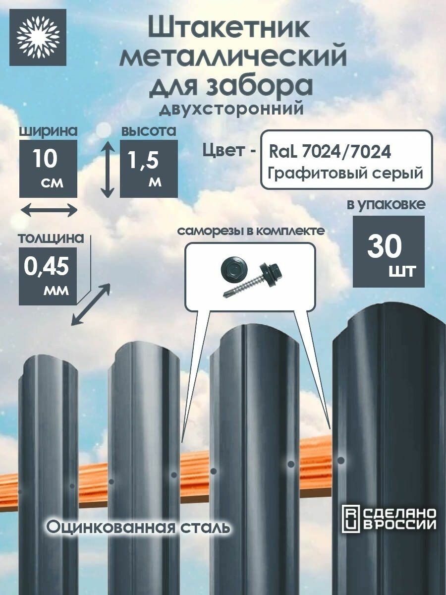 Металлический штакетник двухсторонний 1,5 м цвет: RAL 7024 Графитовый серый, упаковка 30 штук