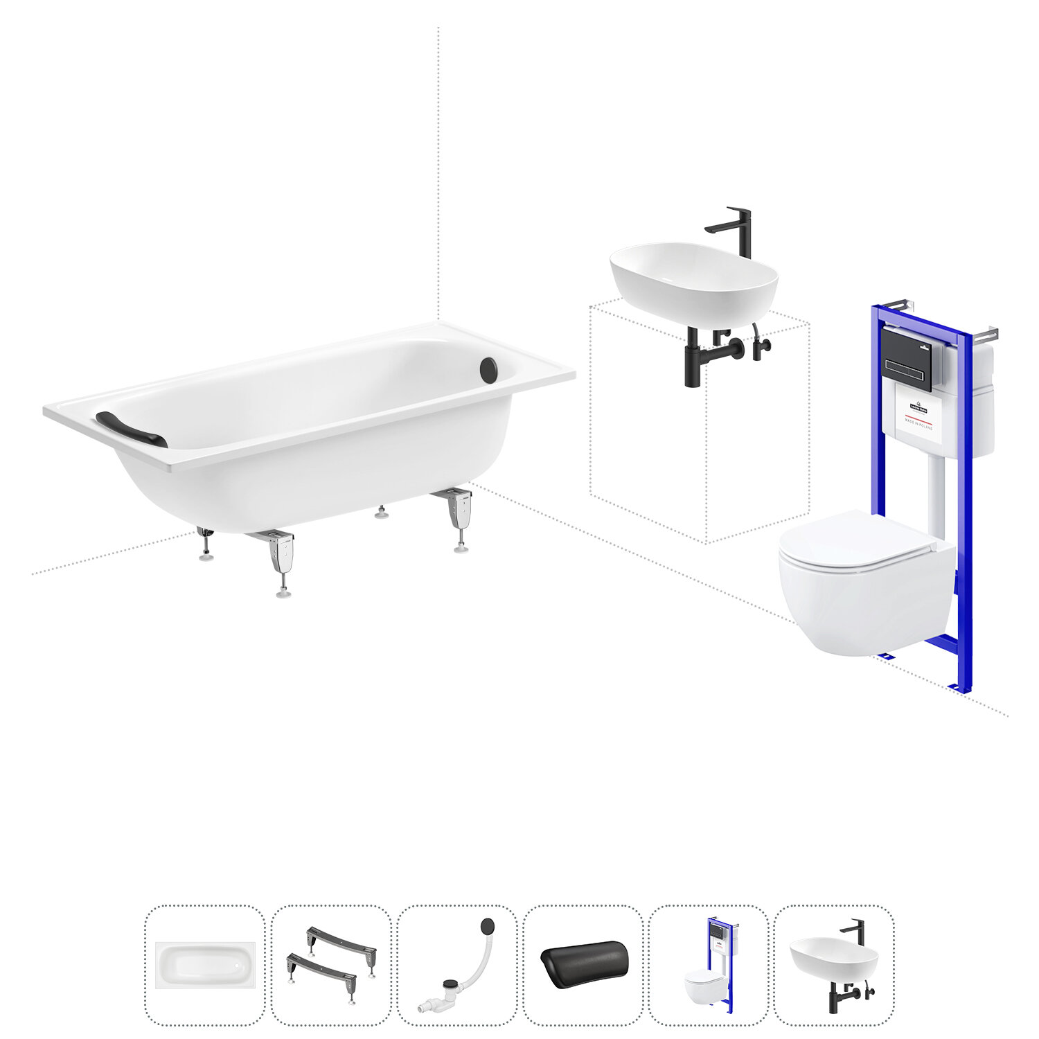 Стальная ванна 150х70 Sanitana BLB Europa 20220795R в наборе 6 в 1: металлическая ванна 150 х 70 см, ножки, слив-перелив, подголовник, инсталляция с унитазом, раковина с комплектом для подключения