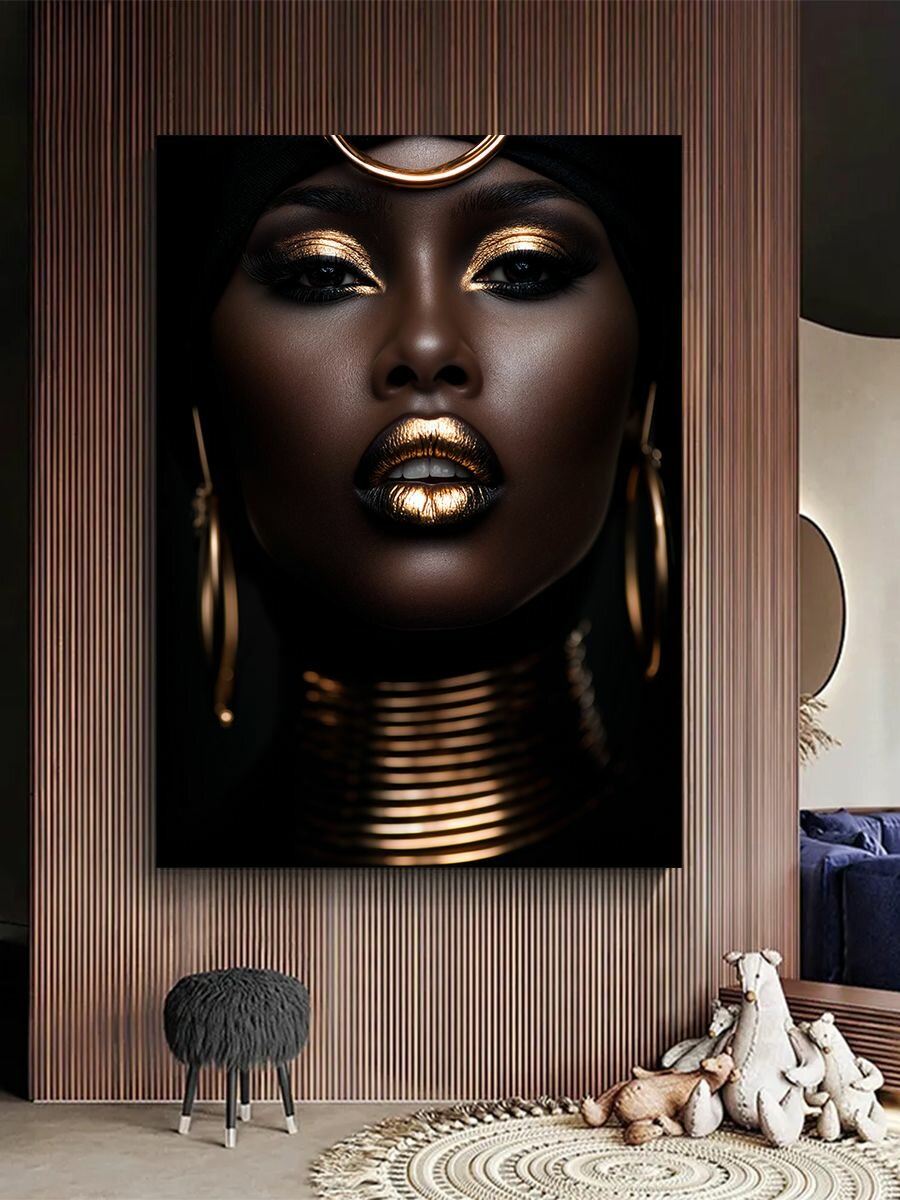 Интерьерная вертикальная картина - "Портрет / Лицо девушки в черно-золотом" , 40х60 см.