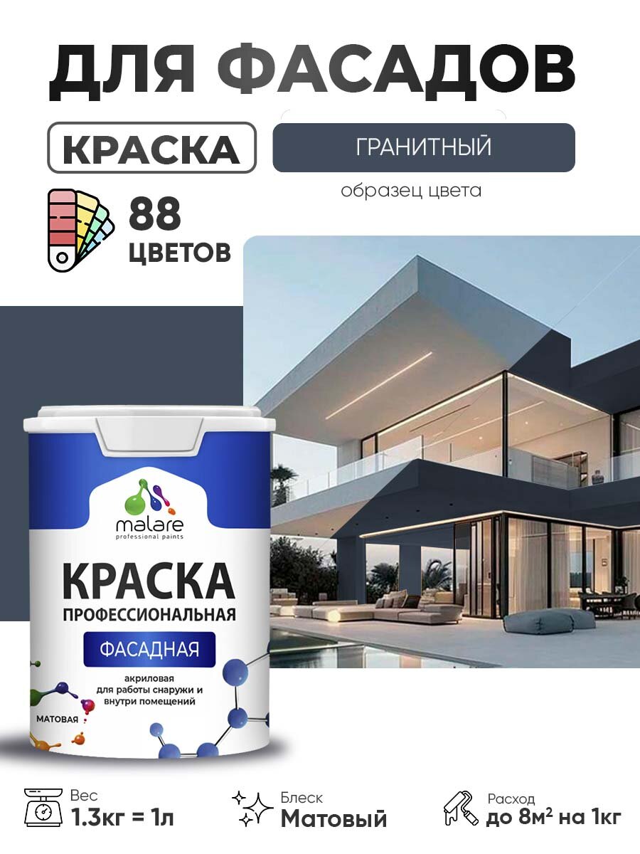 Краска Malare Professional фасадная по дереву, бетону и штукатурке, для камня и кирпича, без запаха, матовая, гранитный, (1л - 1.3кг)
