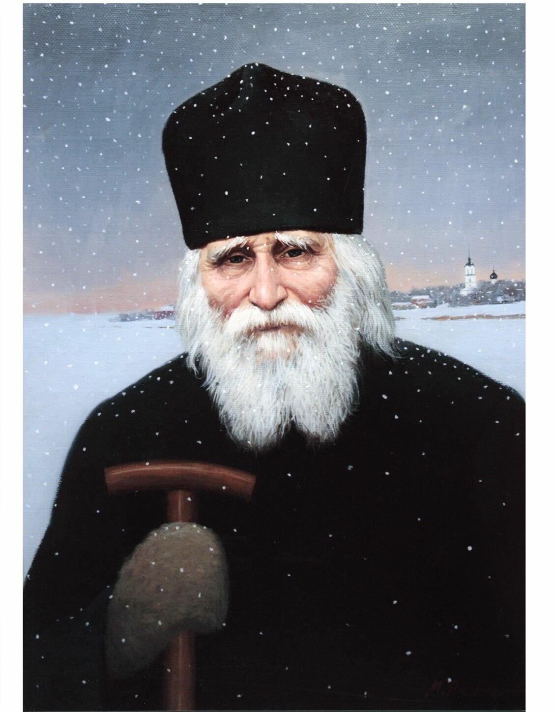 Портрет старца Николая Гурьянова зимний на дереве на левкасе (13 см)
