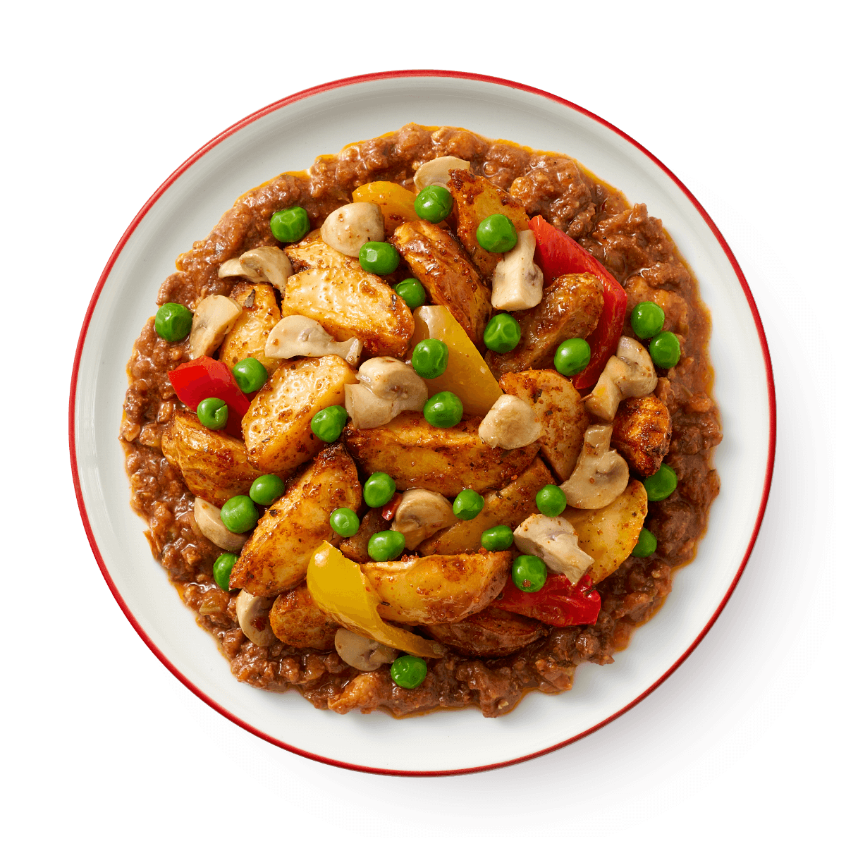 Запечённый картофель с рагу, с говядиной и курицей, с овощами, в пластиковом контейнере