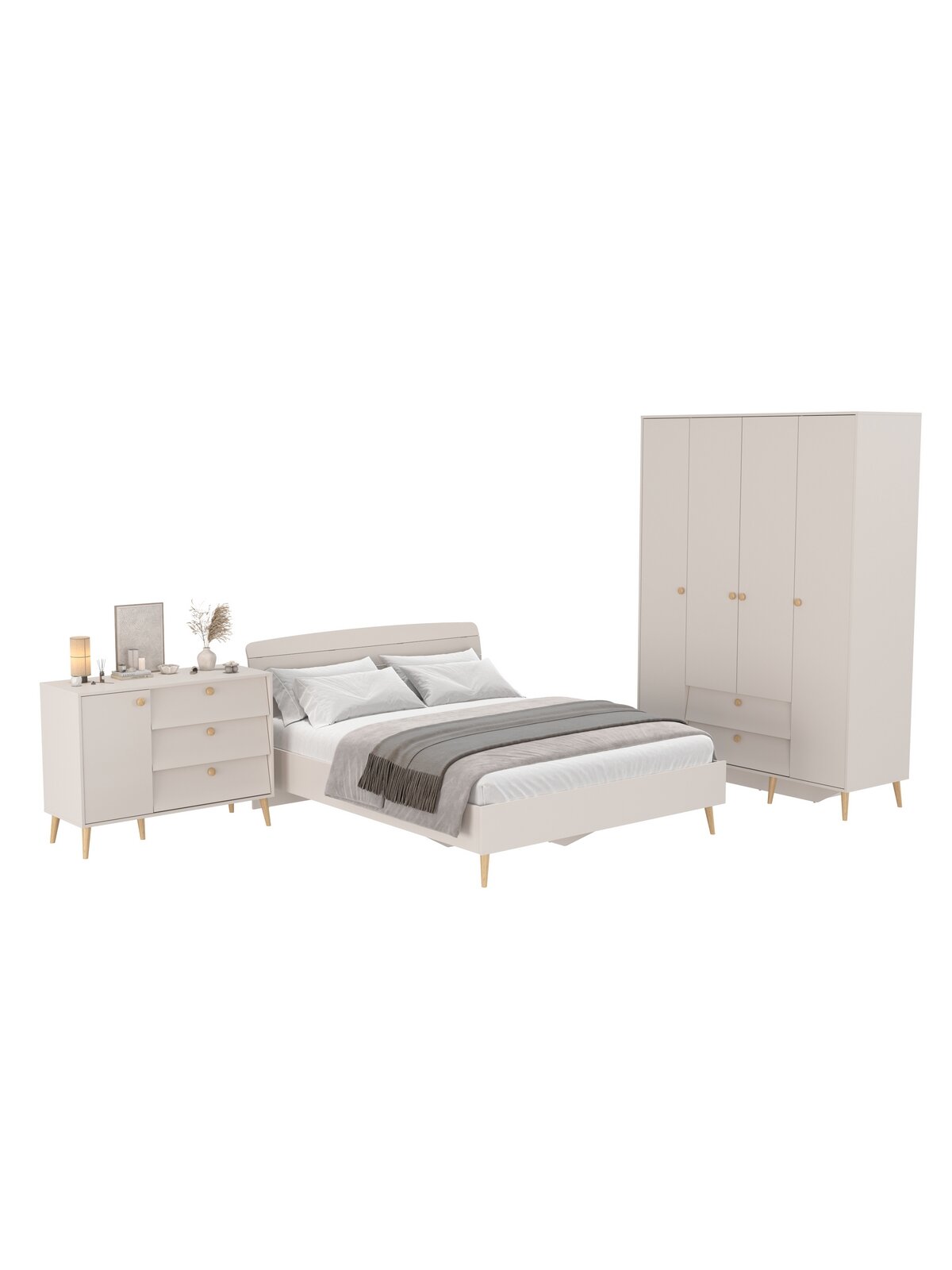 Шкаф-комод 4-х дверный с кроватью 11600 Афина и комодом с дверкой, кашемир серый, 3 предмета