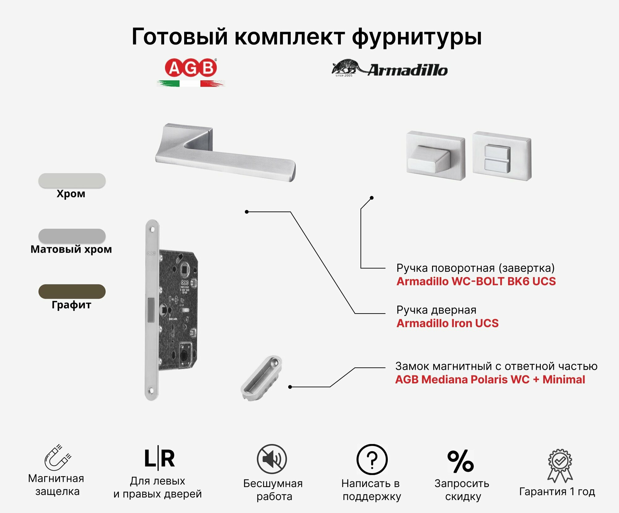 Комплект дверной фурнитуры Armadillo UCS MWSC-33: ручки, замок, поворотная ручка