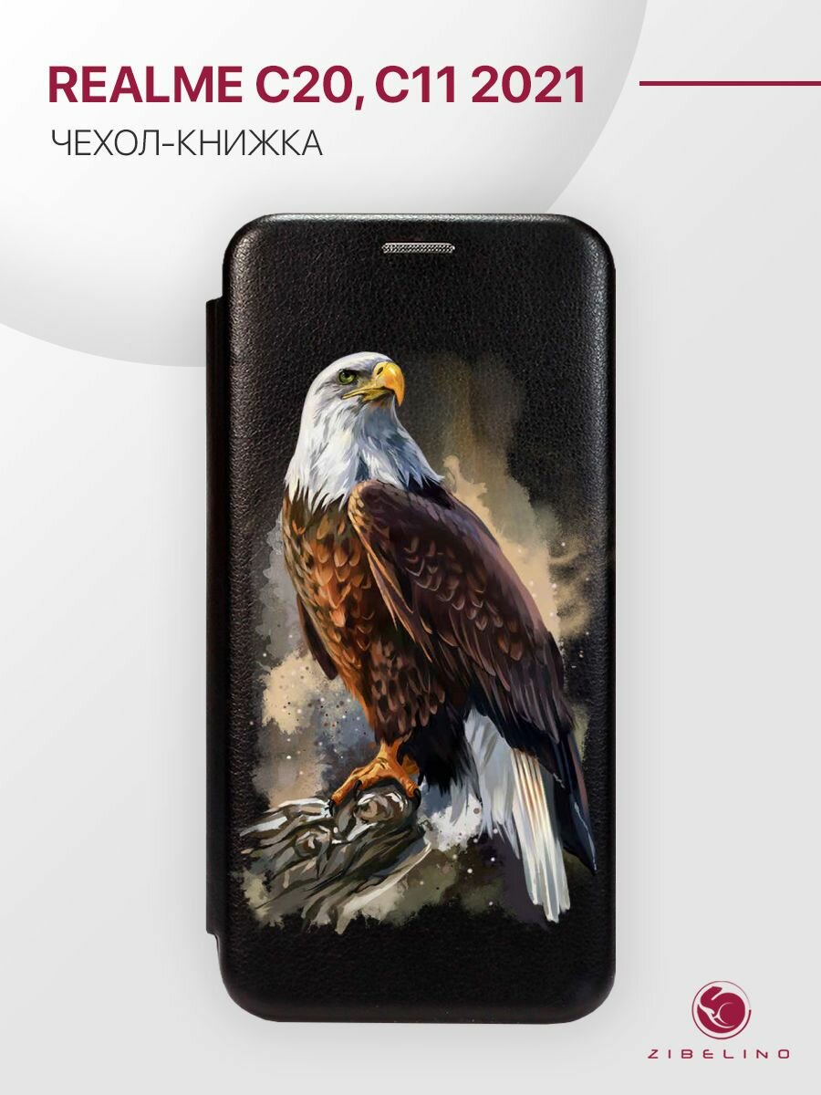 Чехол для Realme C20, Realme C11 2021 с рисунком, защитный, с магнитом, черный, с принтом орёл / Реалми С20 С11 2021