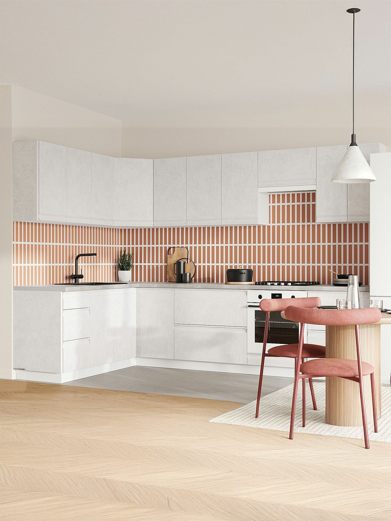 Кухонный гарнитур Велюр 300х180 см, мебель для дома и кухни, Белый / Бетон снежный